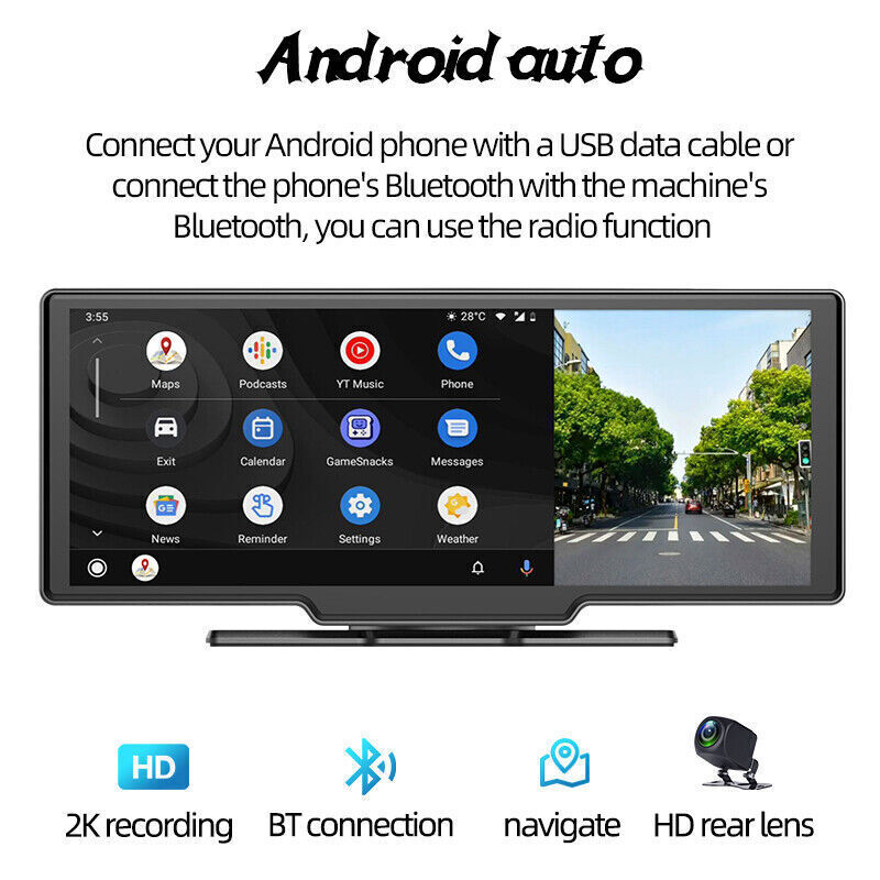 Portable 10"Car Stereo Wireless Carplay Android Auto Player Multimedia ...
