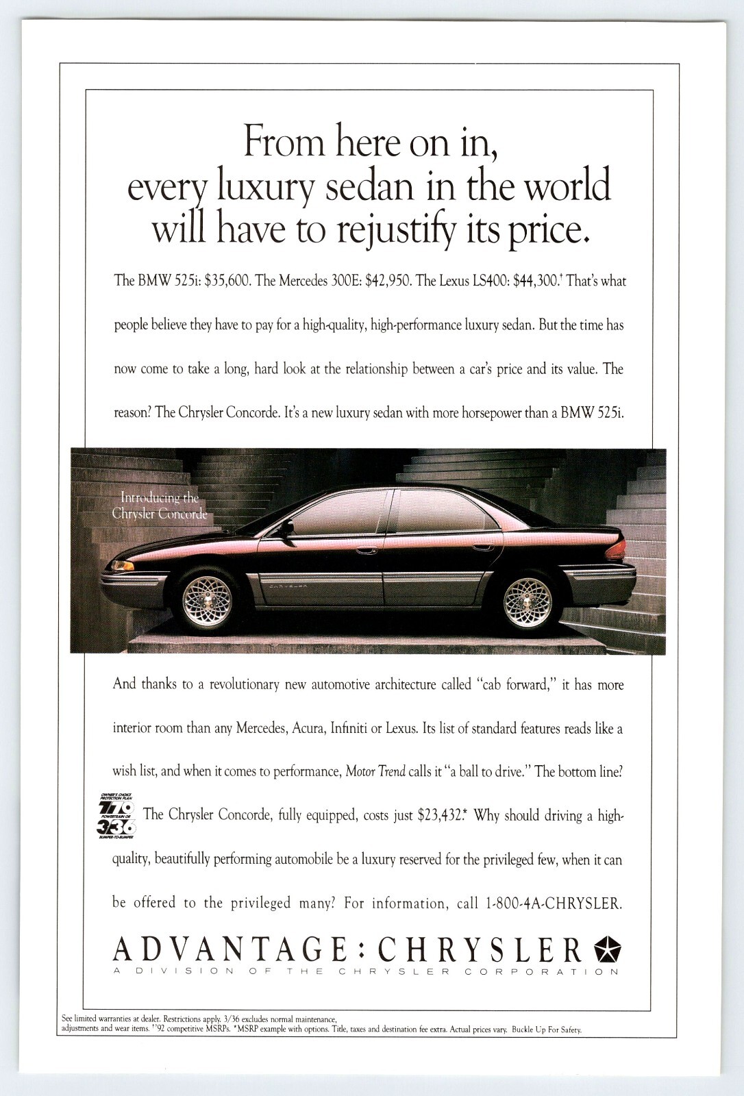 1993 CHRYSLER CONCORDE CAR AUTOMOBILE Vintage 6.5"X10" Magazine Ad 1990 ...