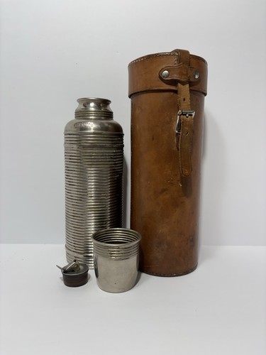 Vintage Ribbed Metal Thermos Flask With Leather Carrying Case Lid And ...