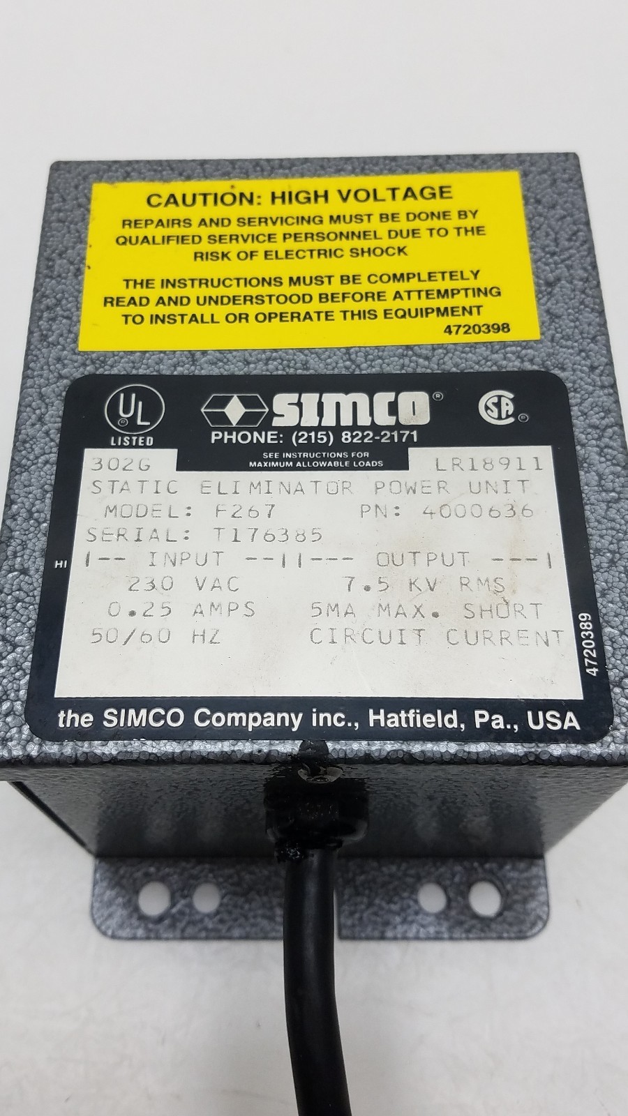 Simco Static Eliminator Power Unit F267 #8965 / 10443 | eBay