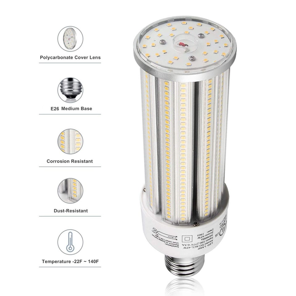 45W LED Corn Bulb Daylight 5000K 6,550LM E26 Base Cob Lamp Area ...