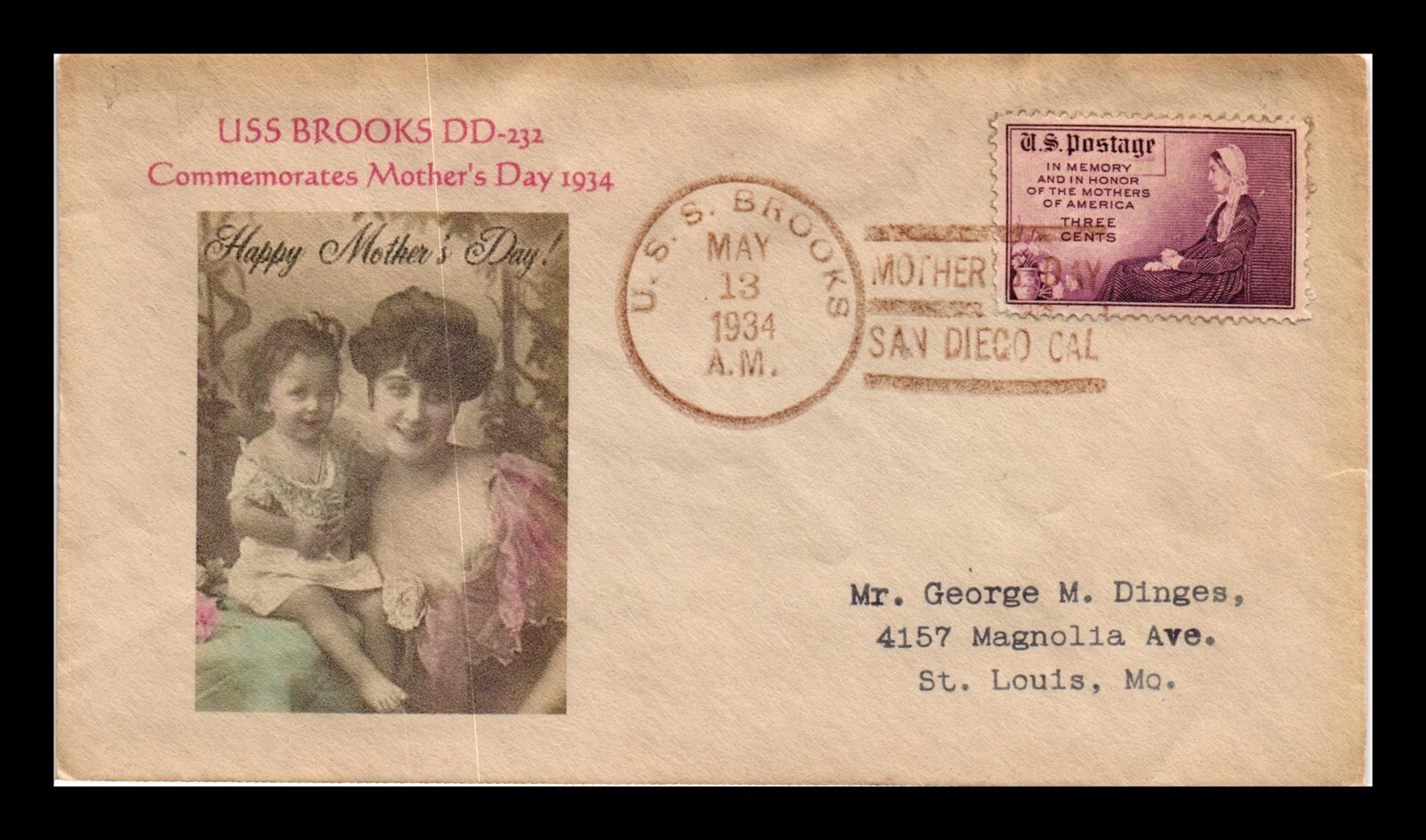 DR JIM STAMPS US COVER USS BROOKS DD-232 MOTHERS DAY SAN DIEGO NAVAL ...