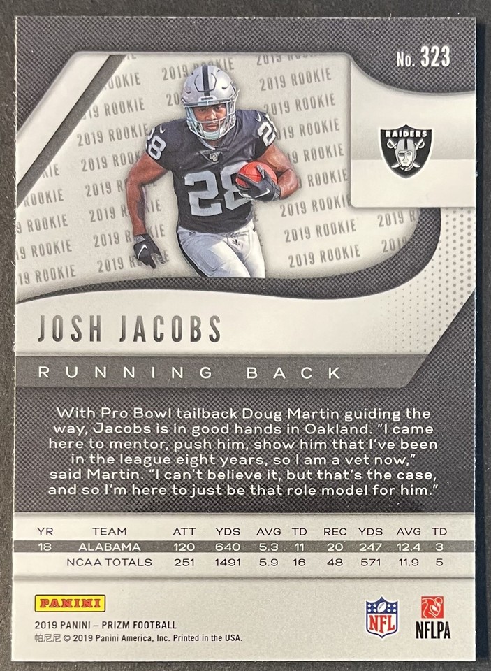 2019 Panini Prizm Josh Jacobs Base Rookie Card #323 Las Vegas Raiders ...