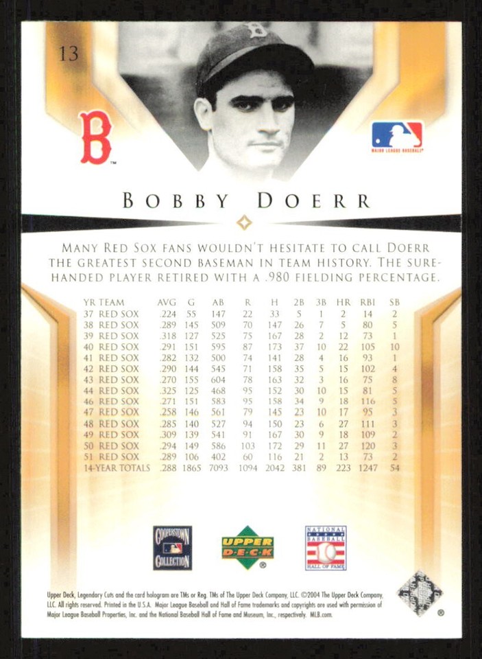 2004 SP Legendary Cuts BOBBY DOERR Base Baseball card BOSTON RED SOX | eBay