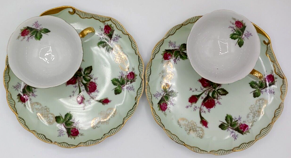 Lefton China Hand Painted Roses Luncheon Set Tea Cup & Plate Green Set ...