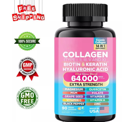 Collagen Peptides Types I,II, III, V, X 64,000mcg Pills Anti-Aging Skin ...