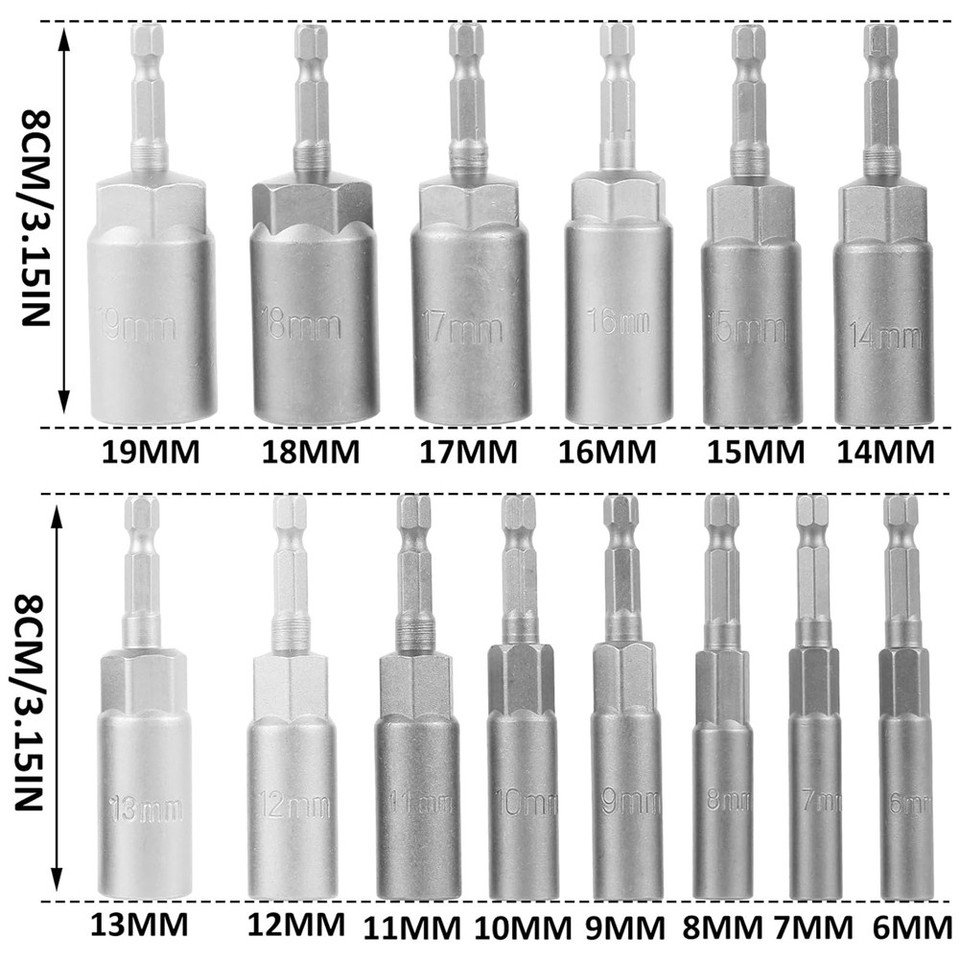 14Pcs Hexagonal Sockets Set, 6-19mm Deep Socket Adapter Kit Hex Shank ...
