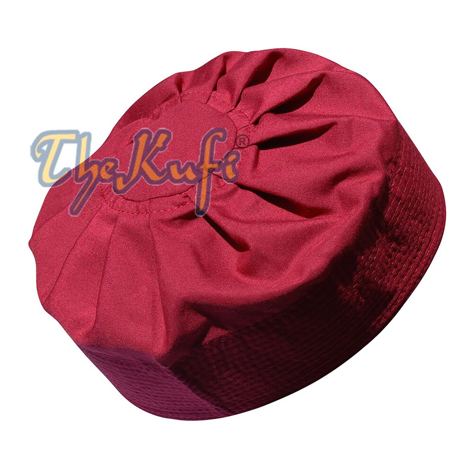 Muslim Prayer Maroon Kufi Hat Pleated-top Fabric Handmade Taqiyah Peci ...