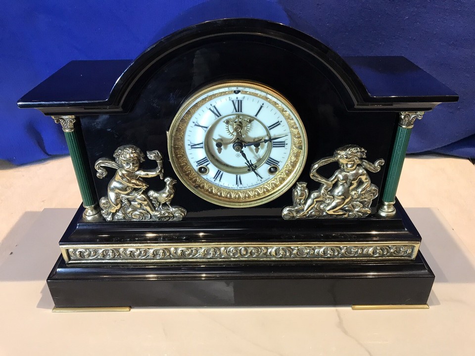 1882 VINTAGE ANTIQUE CAST IRON ANSONIA KEY WOUND STRIKES ANGEL CLOCK ...