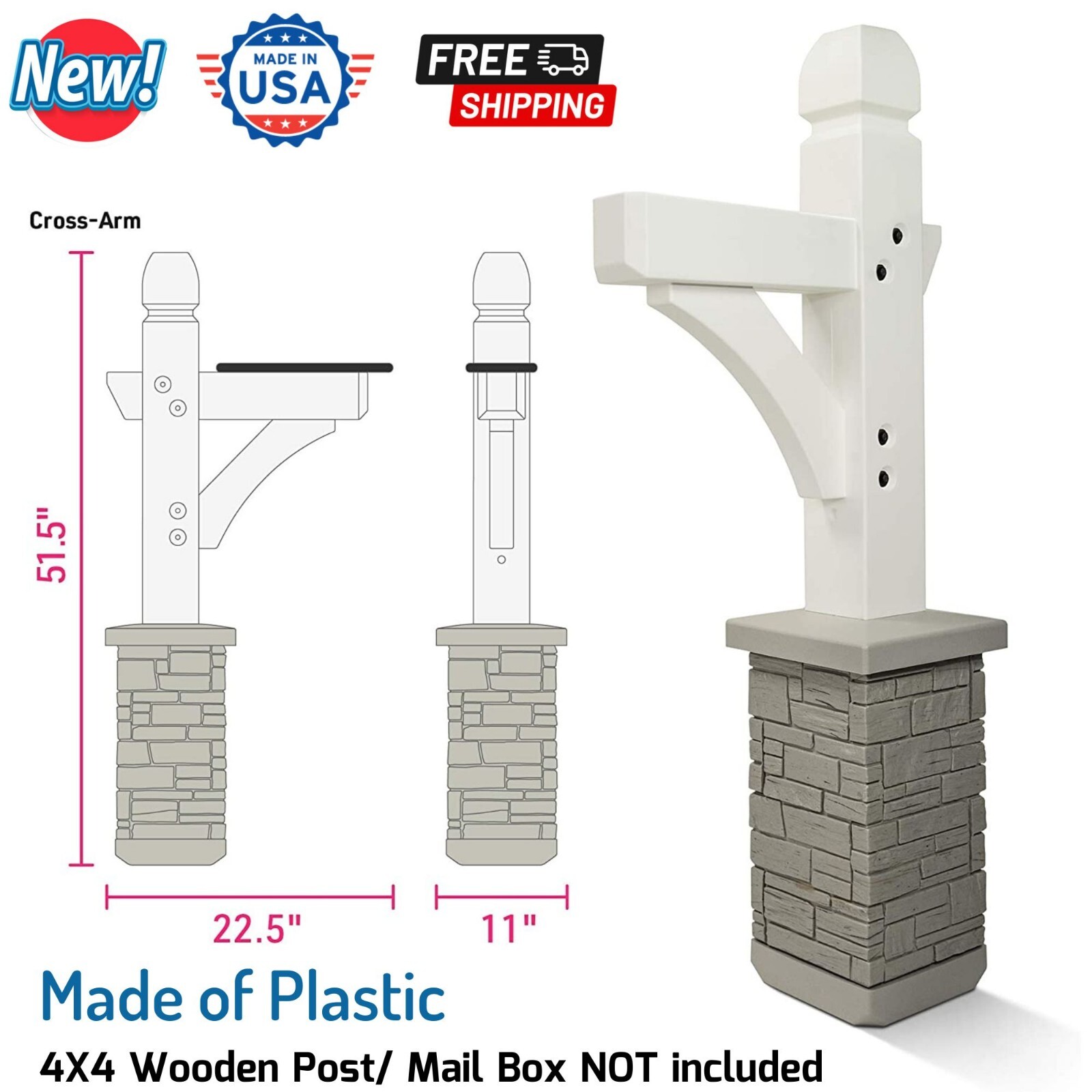 White Mailbox Post Set 4x4 Cover Cross-Arm Faux Stone Brick Base for ...