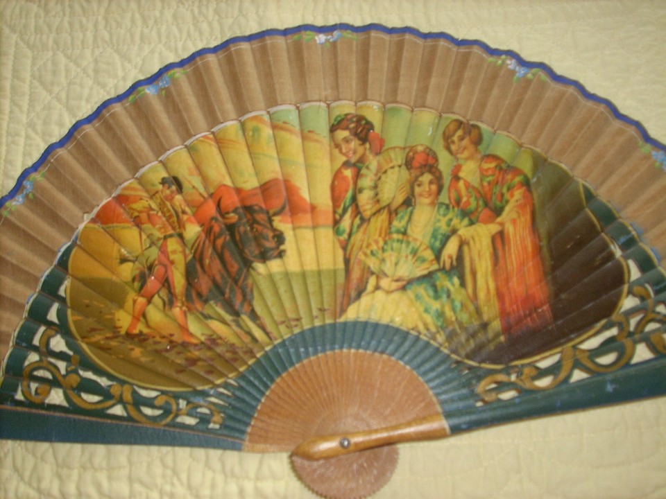 Vintage Wood Hand Painted Spanish Hand Fan - Shows Bull Fighter - Blue ...