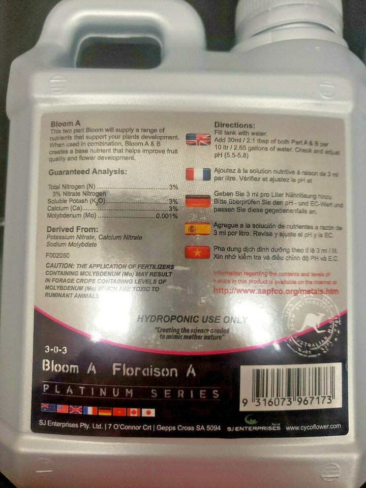 1 L Bloom A Cyco Nutrients Platinum Series Hydroponic Liquid Plant Food ...