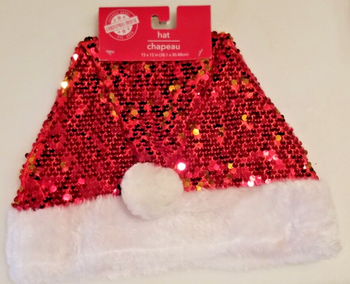 RED Sequin Santa Hat Cap Sparkle Shine Gold Sequin Accents Plush Edge ...