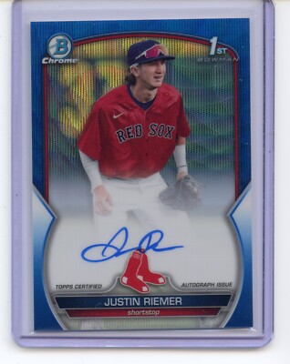 2023 Bowman Draft Chrome Justin Riemer Blue Wave 1st Auto /150 Red Sox ...