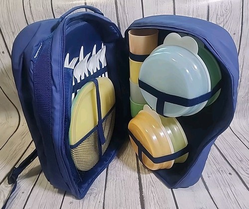 Vintage Blue Backpack Tupperware Picnic 4 Piece Plates Cups Bowls ...