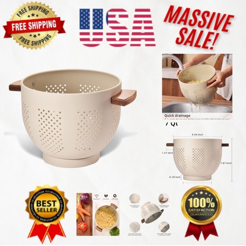Elegant 7-Quart Metal Colander with Wooden Handle – Sand Yellow Rustic ...