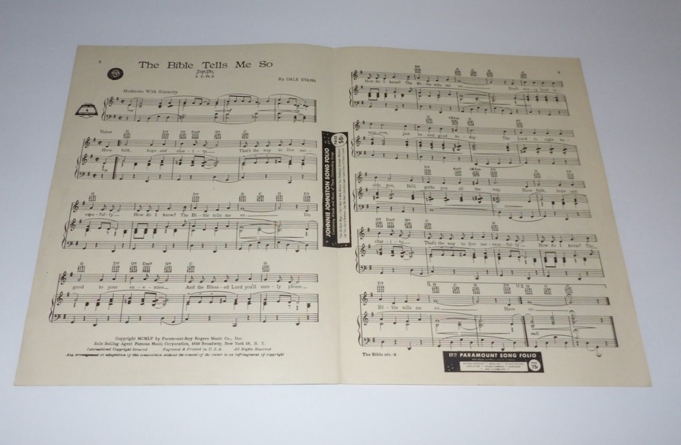 ORIGINAL 1955 SHEET MUSIC - ROY ROGERS & DALE EVANS - THE BIBLE TELLS ...