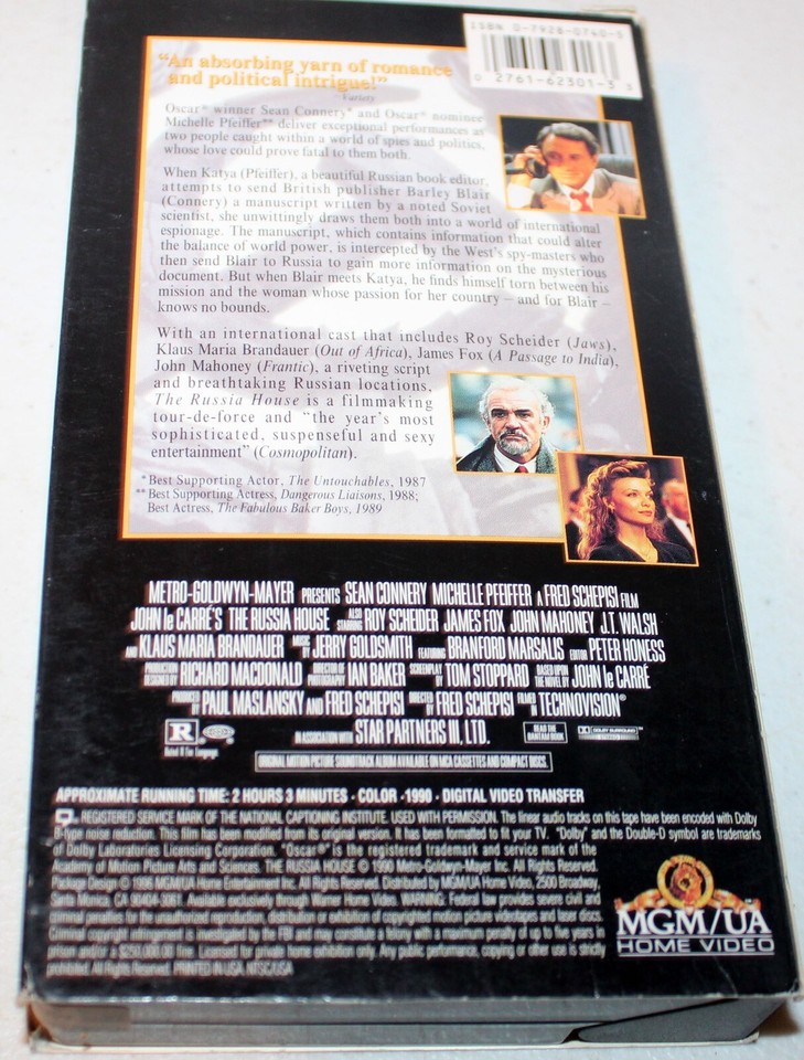 The Russia House (VHS, 1991, Movie Time) Sean Connery, Michelle ...