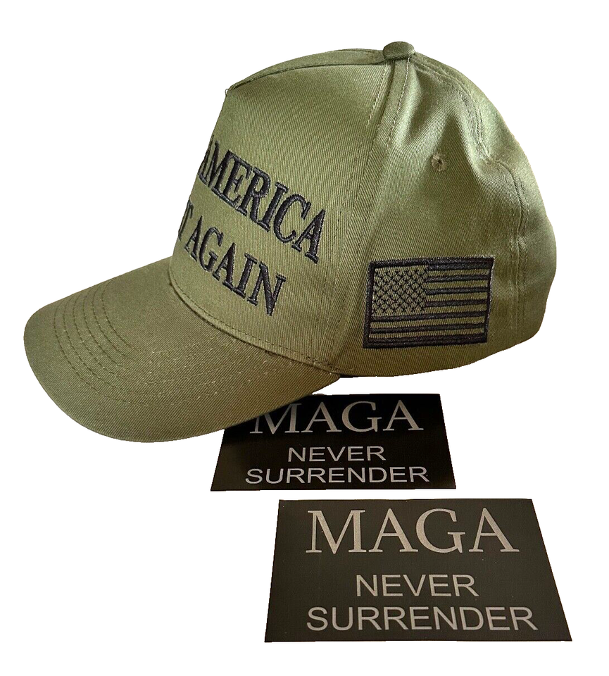 Trump..OFFICIAL..MAGA Hat..NEVER SURRENDER..+ 2 Decals...Olive Drab ...