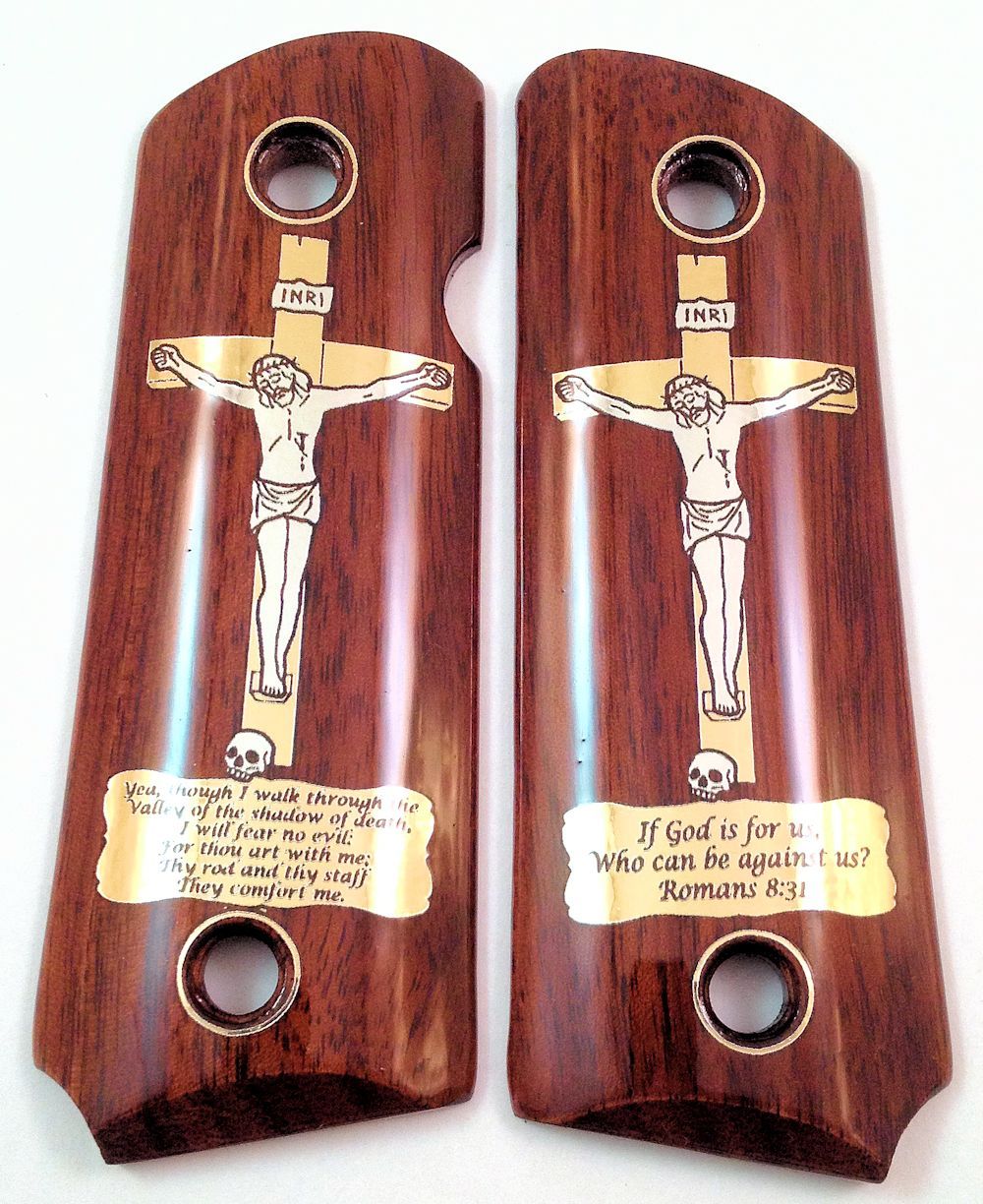 Compact 1911 custom engraved wood grips Christian Cross Jesus Crucifix ...