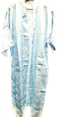 Long Soft Light Blue Dragon Design Bath Robe Kimono 48" Silk Like Size ...