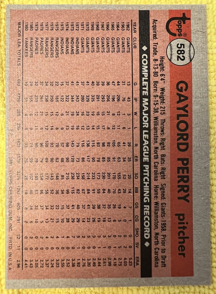 1981 Topps Gaylord Perry #582 Baseball Card New York Yankees | eBay