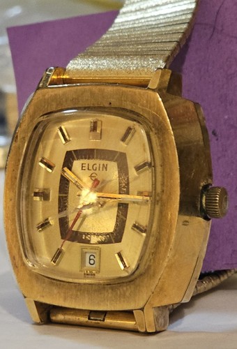 Automatic Elgin Swiss Men's Vintage Watch Gold Tone Runs Date Secs ...