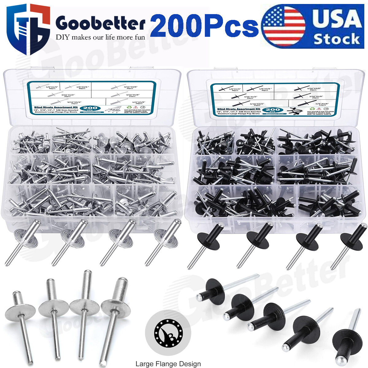 200PCS Pop Rivets Assortment Large Flange Aluminum Blind Rivets 1/8" 3/ ...