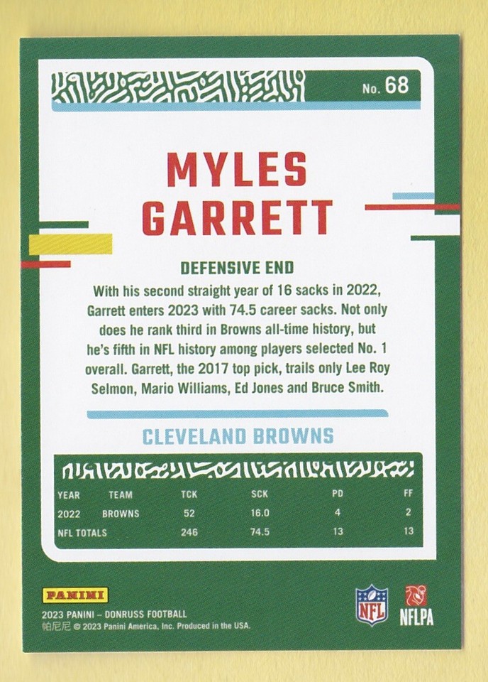 2023 Panini Donruss Myles Garrett Base #68 Cleveland Browns Football ...