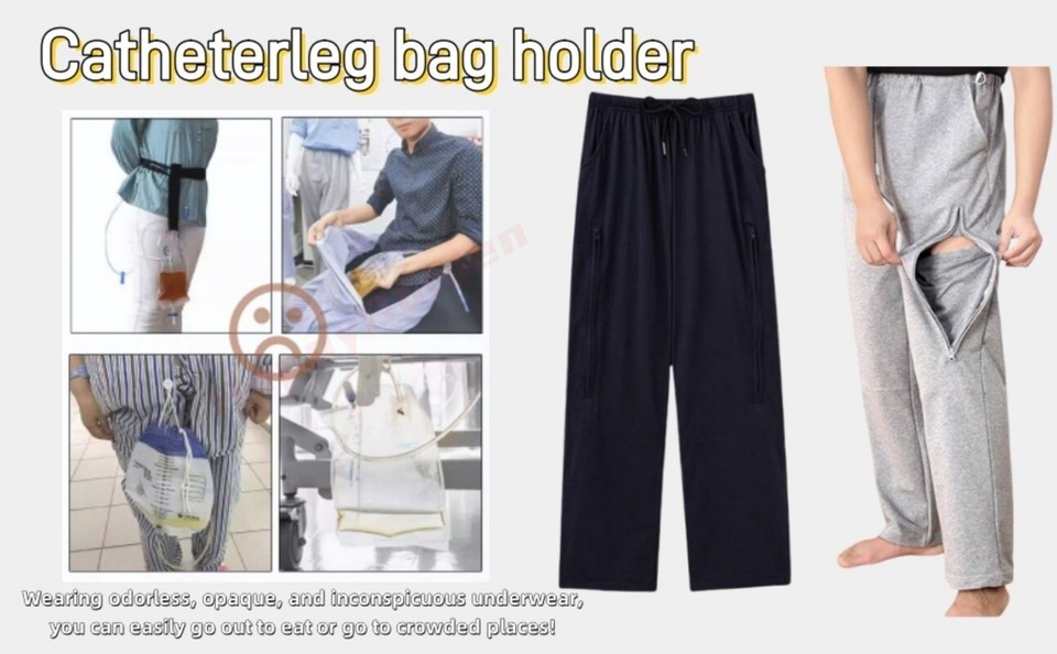 1x Catheter Leg Bag Pants Unisex Urine Bag Holder Pants 2 Zippered Side ...