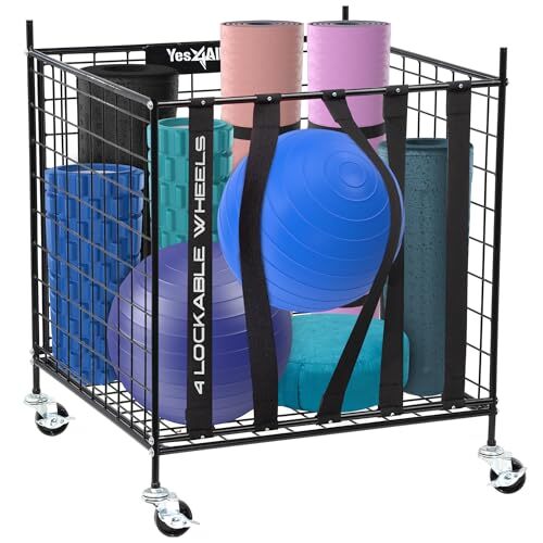 YES4ALL Rolling Ball Cart Storage Lockable Wheels Volleyball Basketball ...
