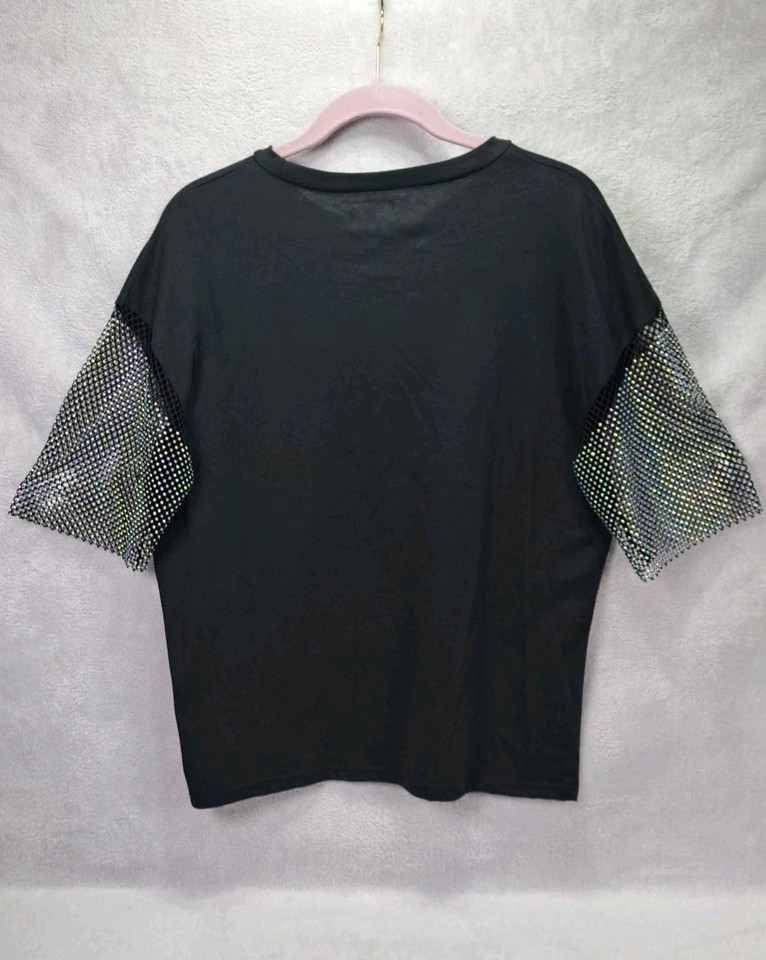 AC/DC Bling Mesh Sleeve Womens Blk TSHIRT OVERSIZED Sz S Boxy Logo Band ...