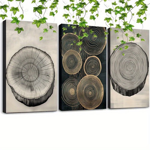 3pcs Modern Tree Ring Canvas Wall Art Set, Imitation Black and Gray ...