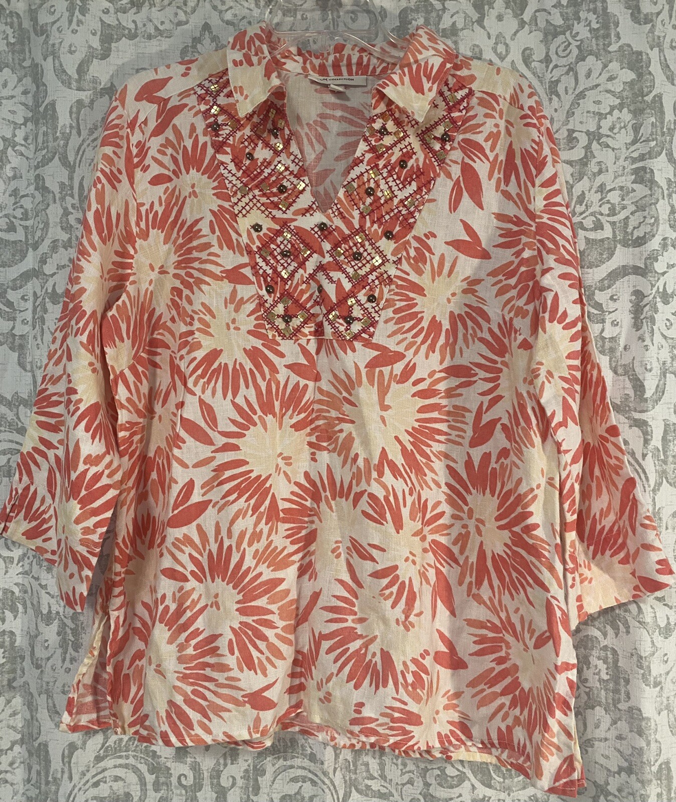 JM Collection 100% Linen Boho Tropical Beaded Tunic T… - Gem