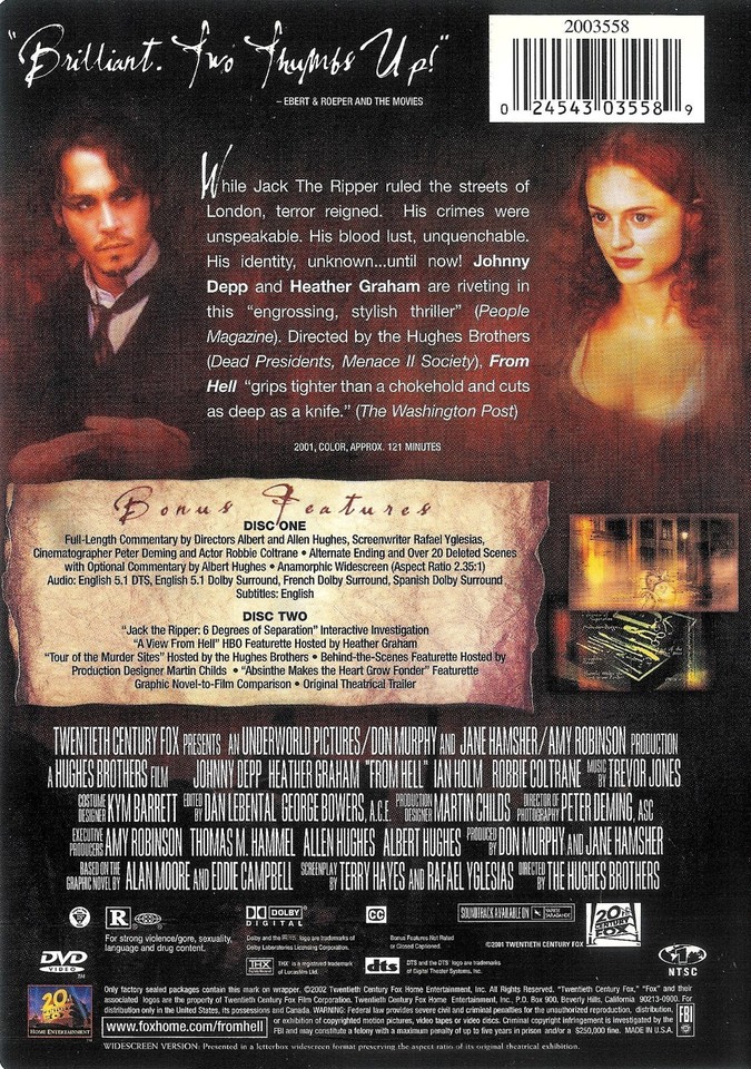 From Hell - Heather Graham Johnny Depp Director's Limited Edition 2-Disc DVD dts 24543035572 | eBay