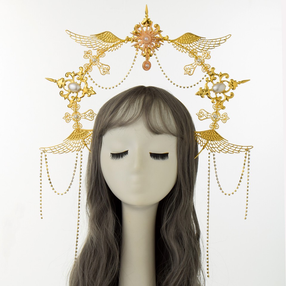 Baroque Lady Halo Crown with Cross Wing Golden Goddess Halo Headpiece ...
