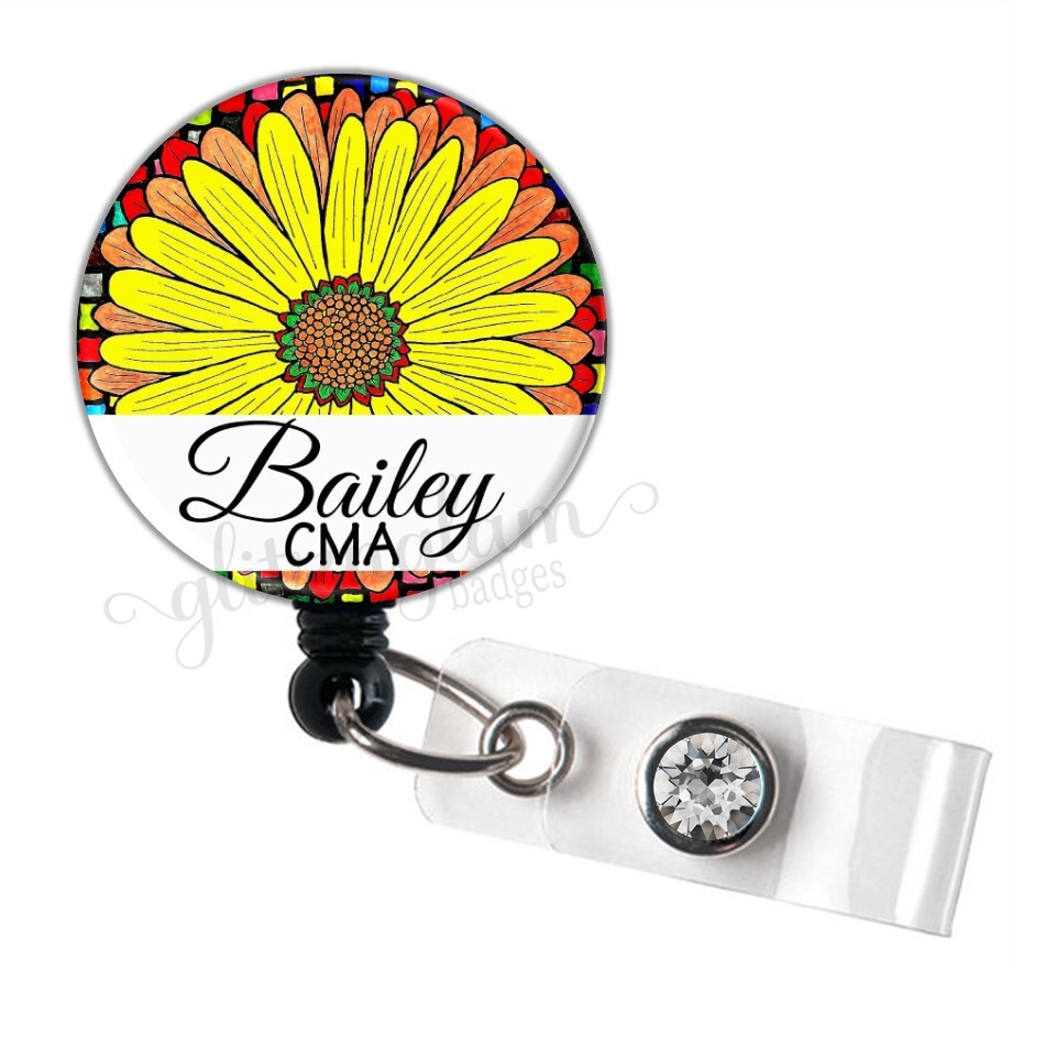 Sunflower Personalized Retractable Badge Reel, Custom Nurse Med Badge ...