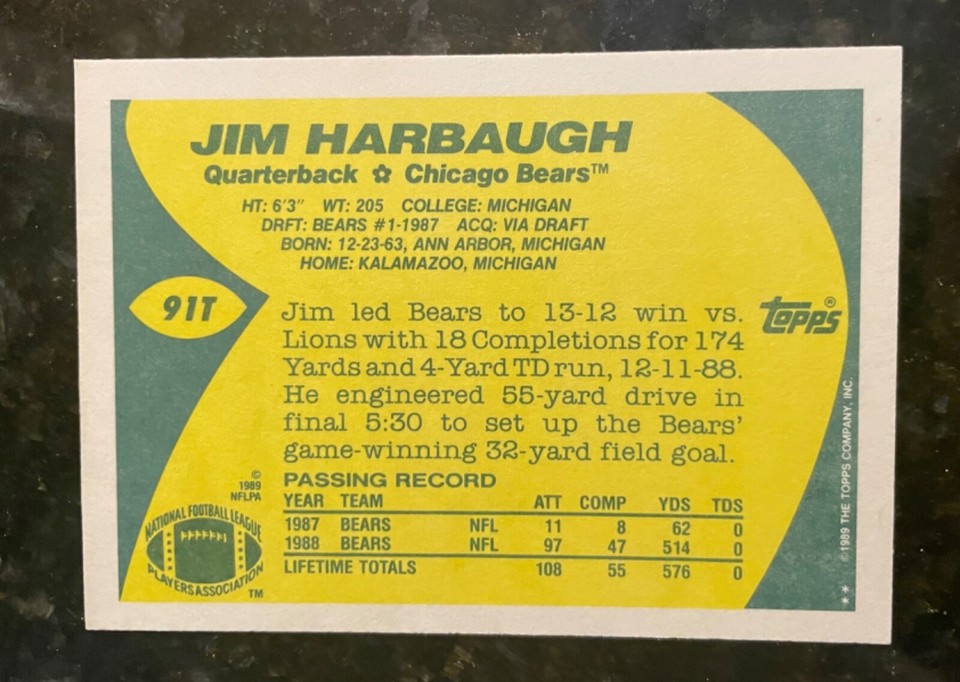 JIM HARBAUGH 1989 Topps Traded Rookie Card 91T Chicago Bears University ...