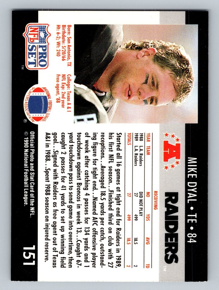 1990 Pro Set #151 Mike Dyal Los Angeles Raiders | eBay