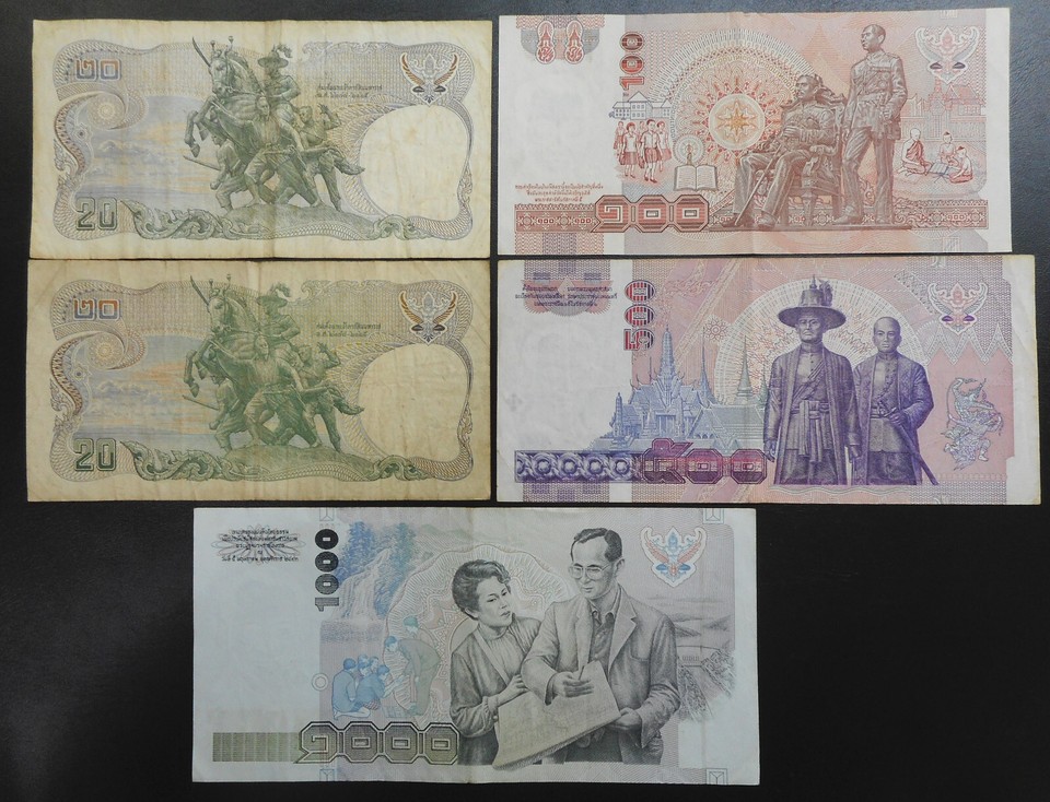 5 Thailand banknotes King Rama 9th, 20, 100, 500, 1000 Baht 1981, 1992 ...