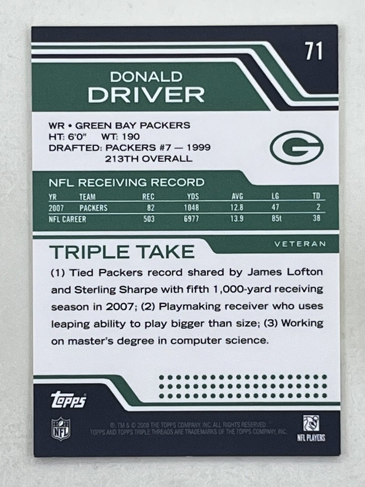 Donald Driver 2008 Topps Triple Threads Emerald /149 #71 NFL GB Packers ...