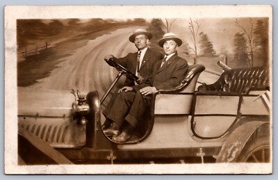 Postcard Two Men in Vintage Automobile Studio Fake Background RPPC ...