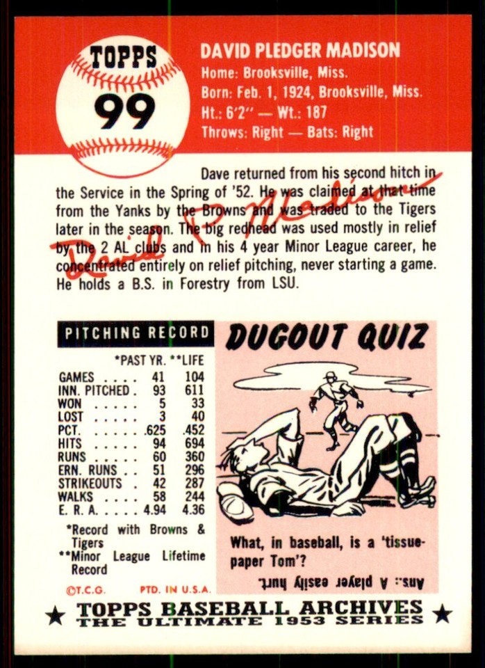 1991 Topps Archives #99 Dave Madison Detroit Tigers | eBay