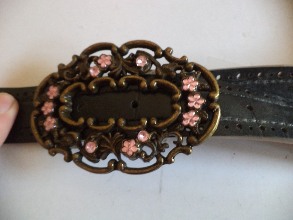 women's black faux leather belt vintage looking brass buckle with pink ...