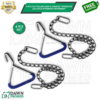 4 Pcs Calf Pulling Hook & Chain 30" Apparatus Leg Catch Veterinary Inst ...