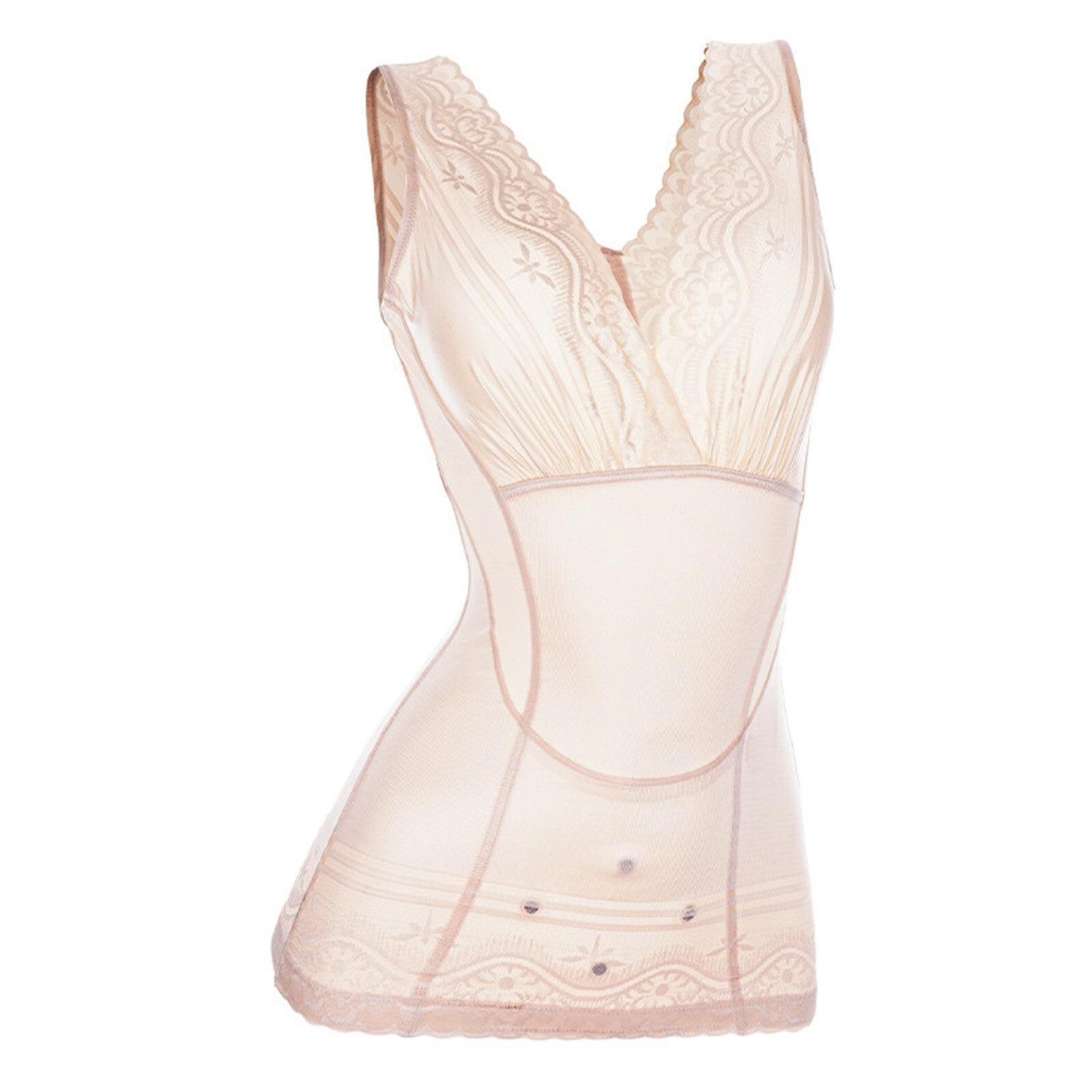 Womens Summer Ultra Thin Ice Silk V Neck Lace Waist Shapewear Push Up