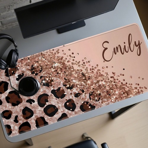 2D Flat, Customizable Pink Leopard Print Gaming Mouse Pad - Extended ...