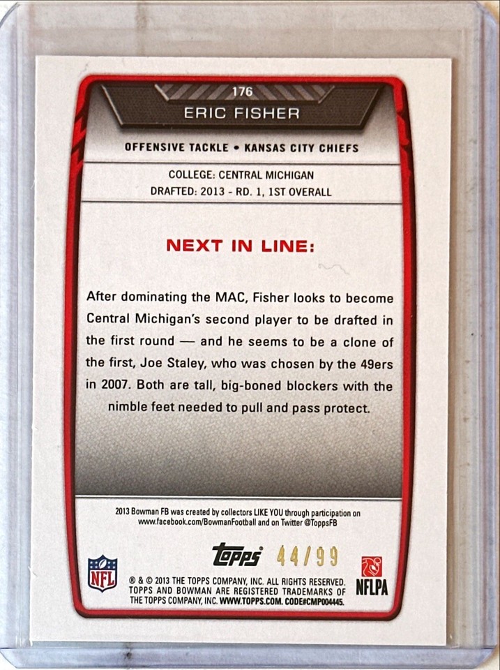 2013 Bowman Prism Eric Fisher #176 44/99 Rookie RC Chiefs | eBay