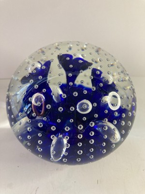 Joe Rice 95 Stamped Paperweight, Clear Contained Bubbles Blue Flowers ...