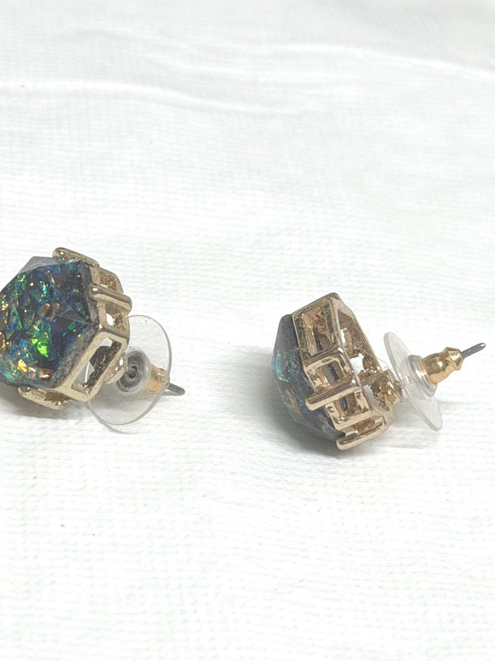 Vintage Faux Fire Opal Stud Earrings Hexagonal Gold Tone Metal Gorgeous ...